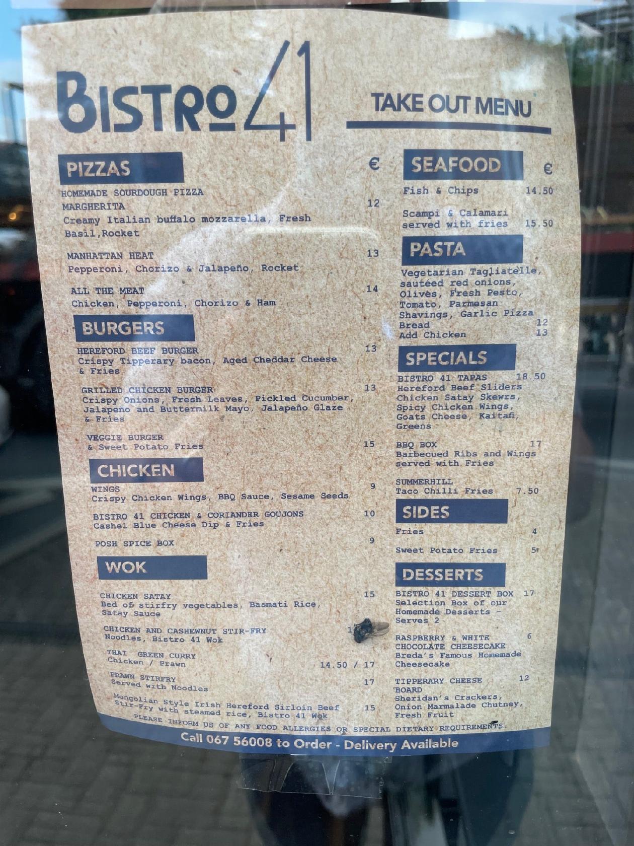 Menu at Bistro 41 restaurant, Nenagh