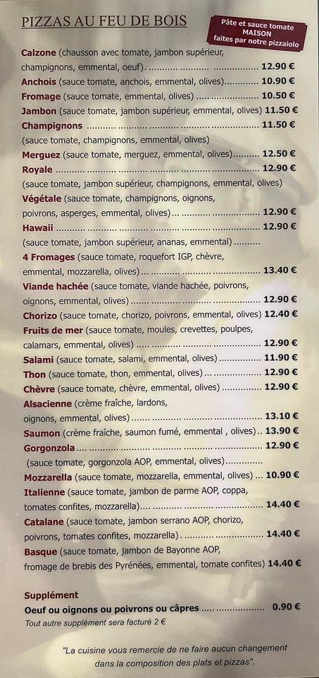 Menu au Chez Jean Paul pizzeria, Mimizan