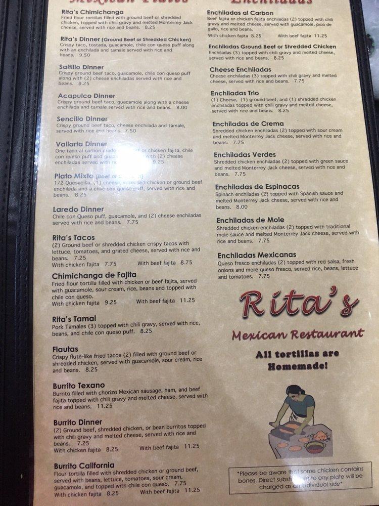 Menu at Rita's Mexican Restaurant, Rosenberg
