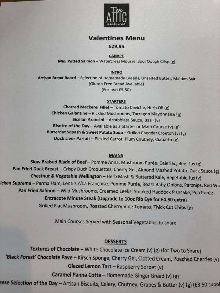 Menu at The Attic Restaurant, North Kilworth