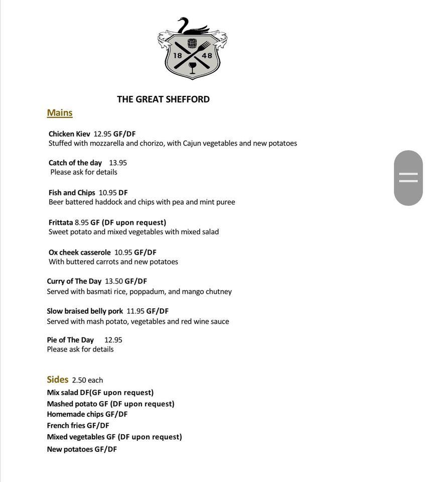 Menu at The Great Shefford pub & bar, Great Shefford
