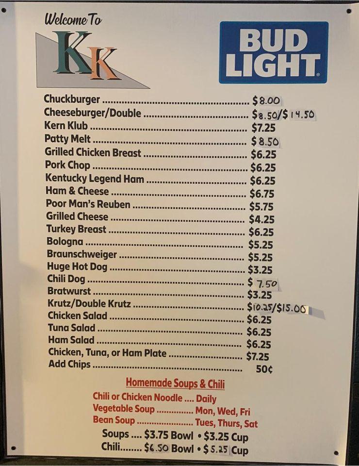 Menu at Kern's Korner pub & bar, Louisville