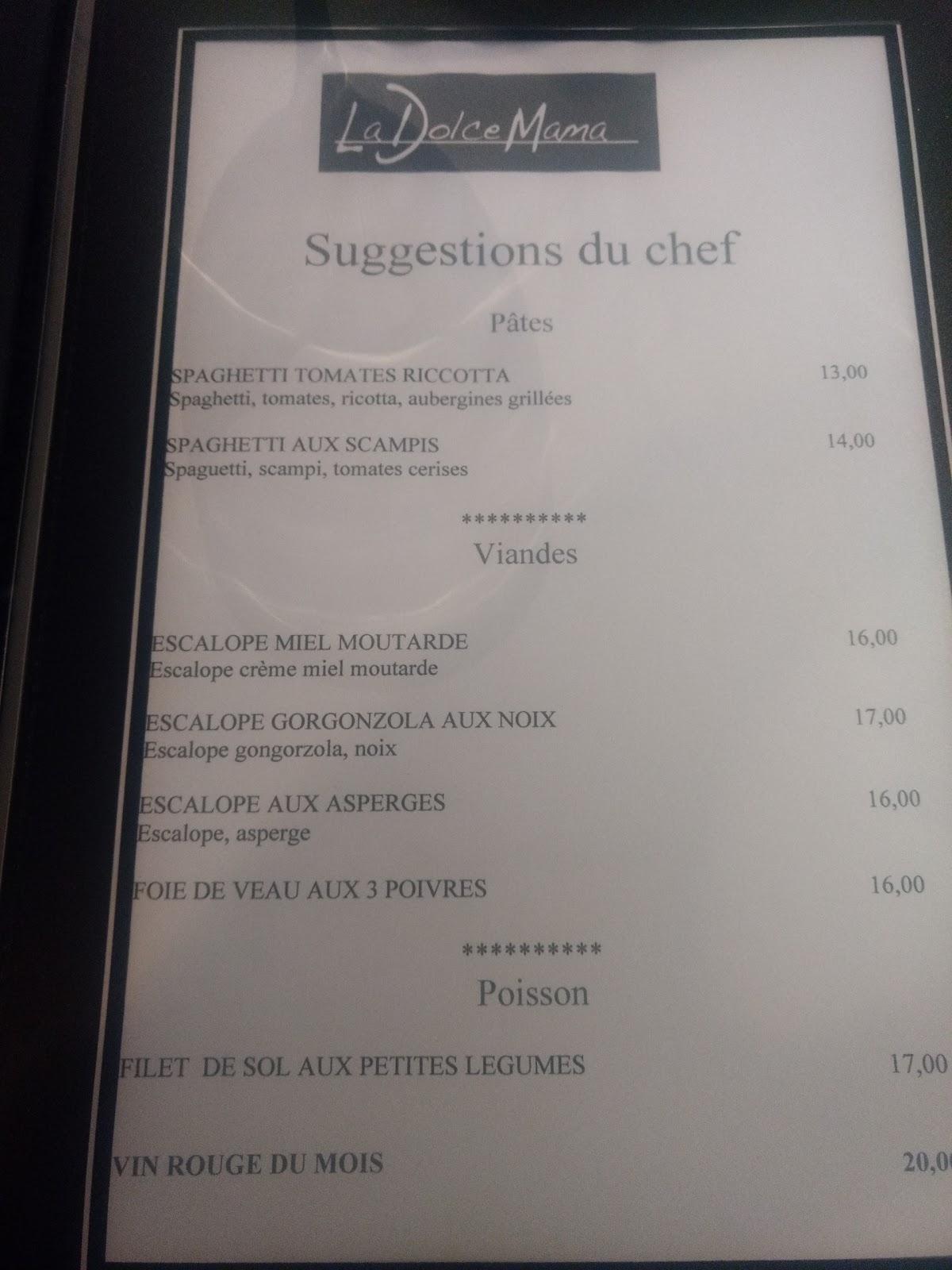Menu au La Dolce Mama, Eghezee
