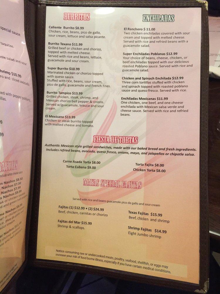 Menu at Mi Tierra Mayas restaurant, Norfolk