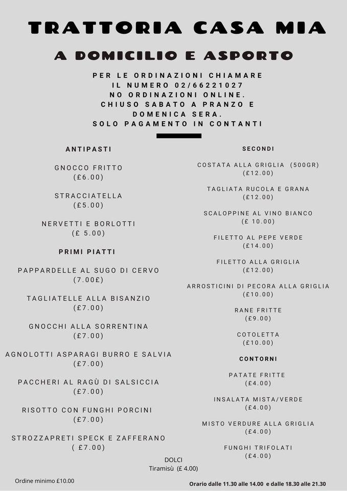Menu da Trattoria A Casa Mia ristorante, Milano