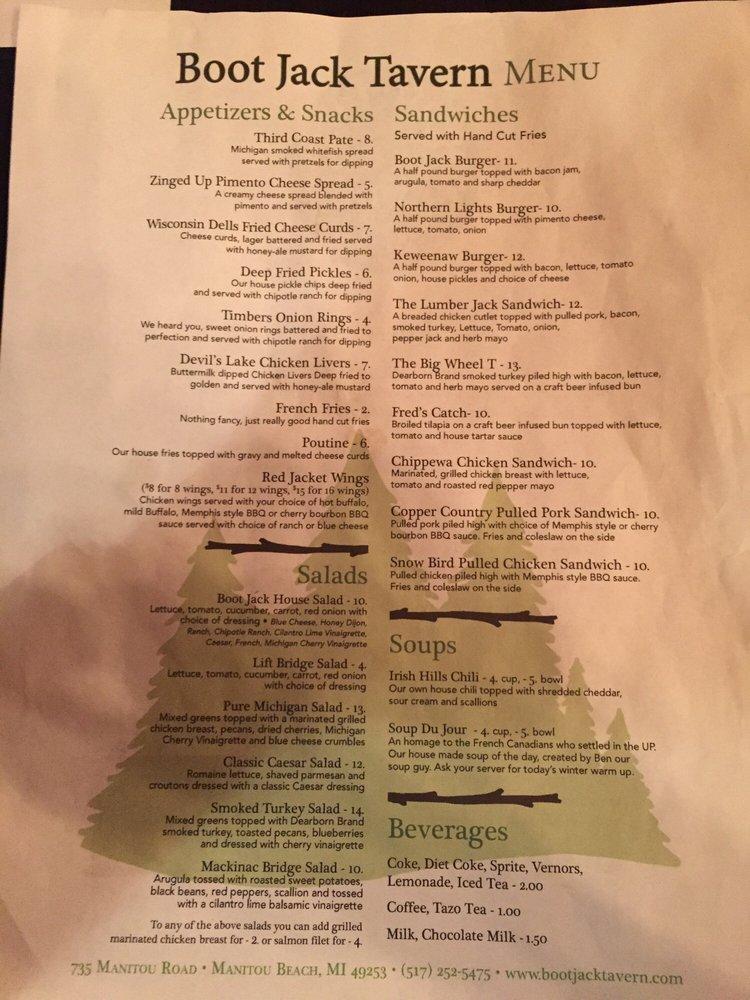 Menu at Boot Jack Tavern pub & bar, Manitou Beach-Devils Lake