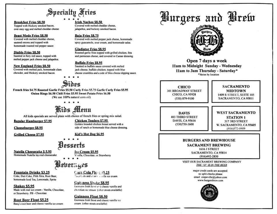 Menu at Burgers & Brew pub & bar, Chico, 301 Broadway St
