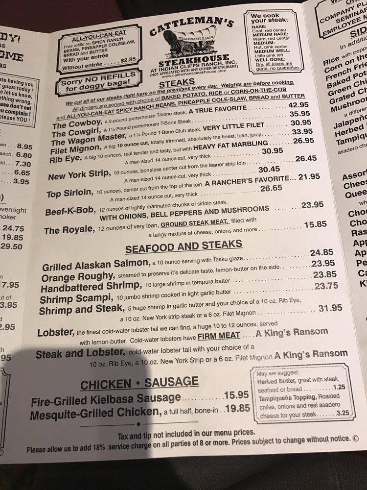 Menu at Cattleman's Steakhouse at Indian Cliffs Ranch, USA, S Fabens ...