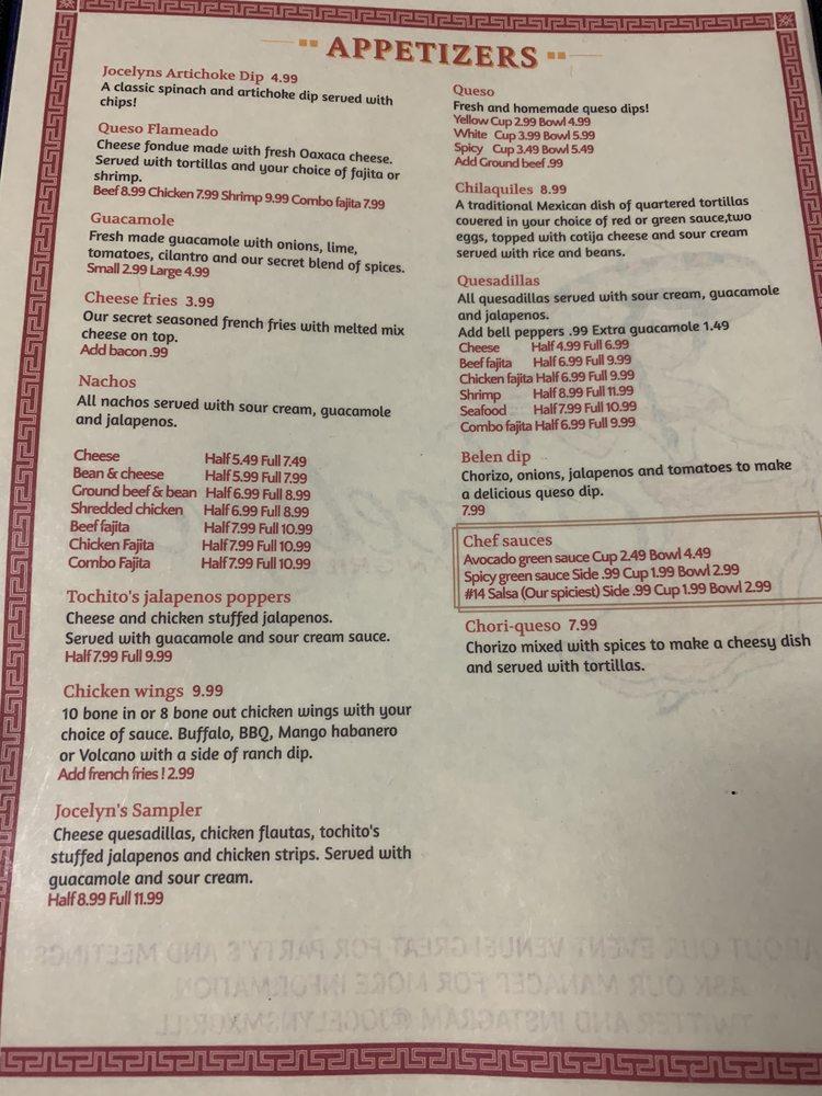Menu at Jocelyn's Mexican Grill restaurant, Longview, 809 Pine Tree Rd
