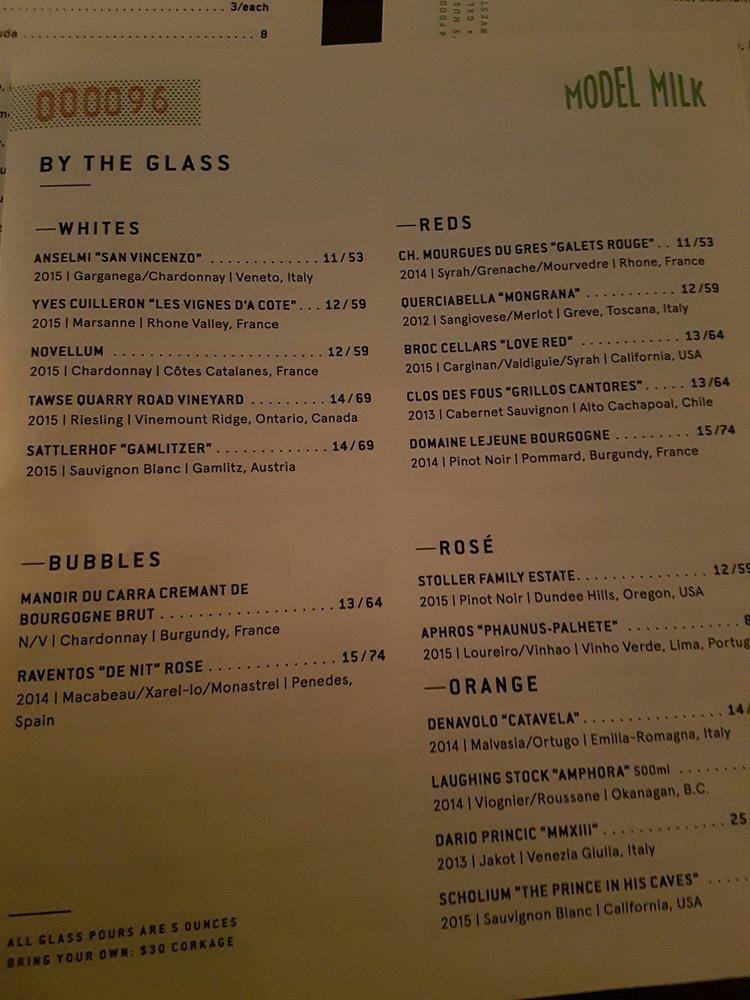 Menu at Model Milk restaurant, Calgary