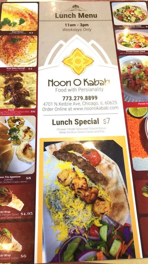 Menu at Noon O Kabab restaurant, Chicago, 4701 N Kedzie Ave