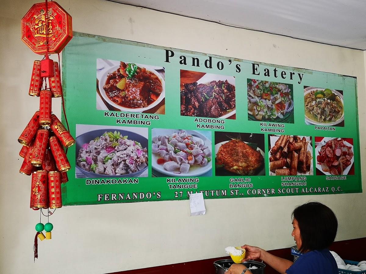 Menu at Pandos Eatery and Fernando's Kambingan restaurant, Quezon City