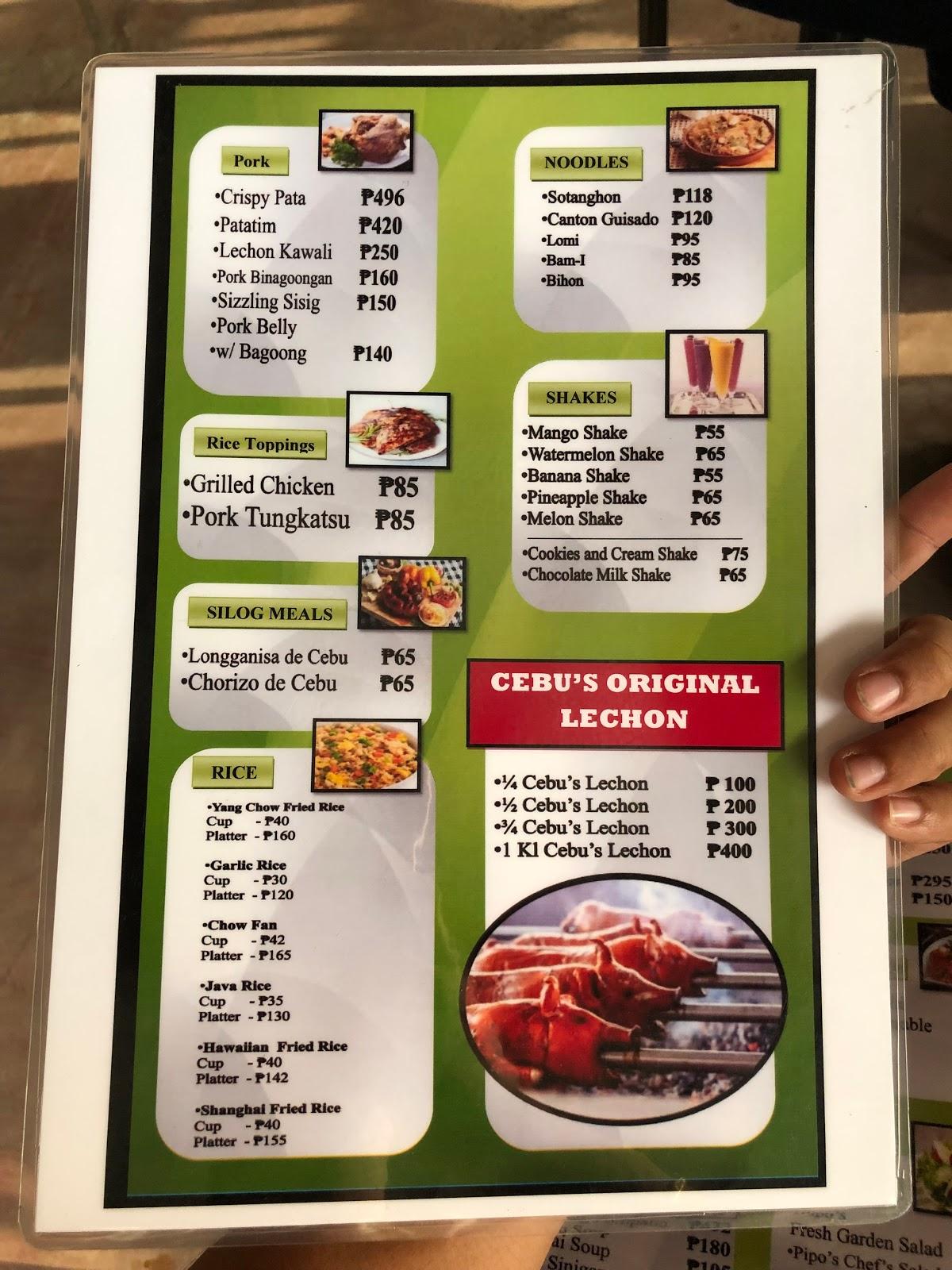 Menu at Pipo’s Lechon House restaurant, Koronadal City