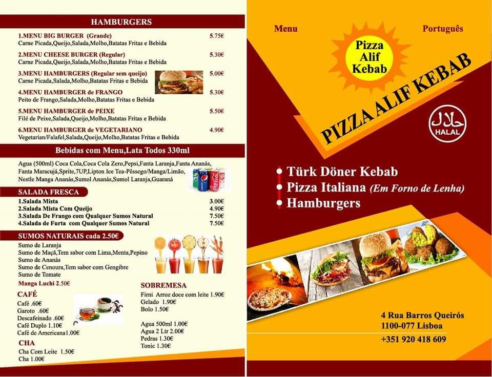 Menu at Pizza Alif Kebab pizzeria, Lisbon