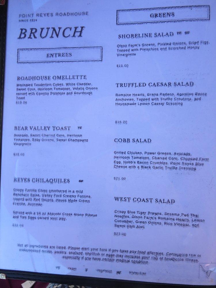 Menu at Point Reyes Roadhouse restaurant, Point Reyes Station