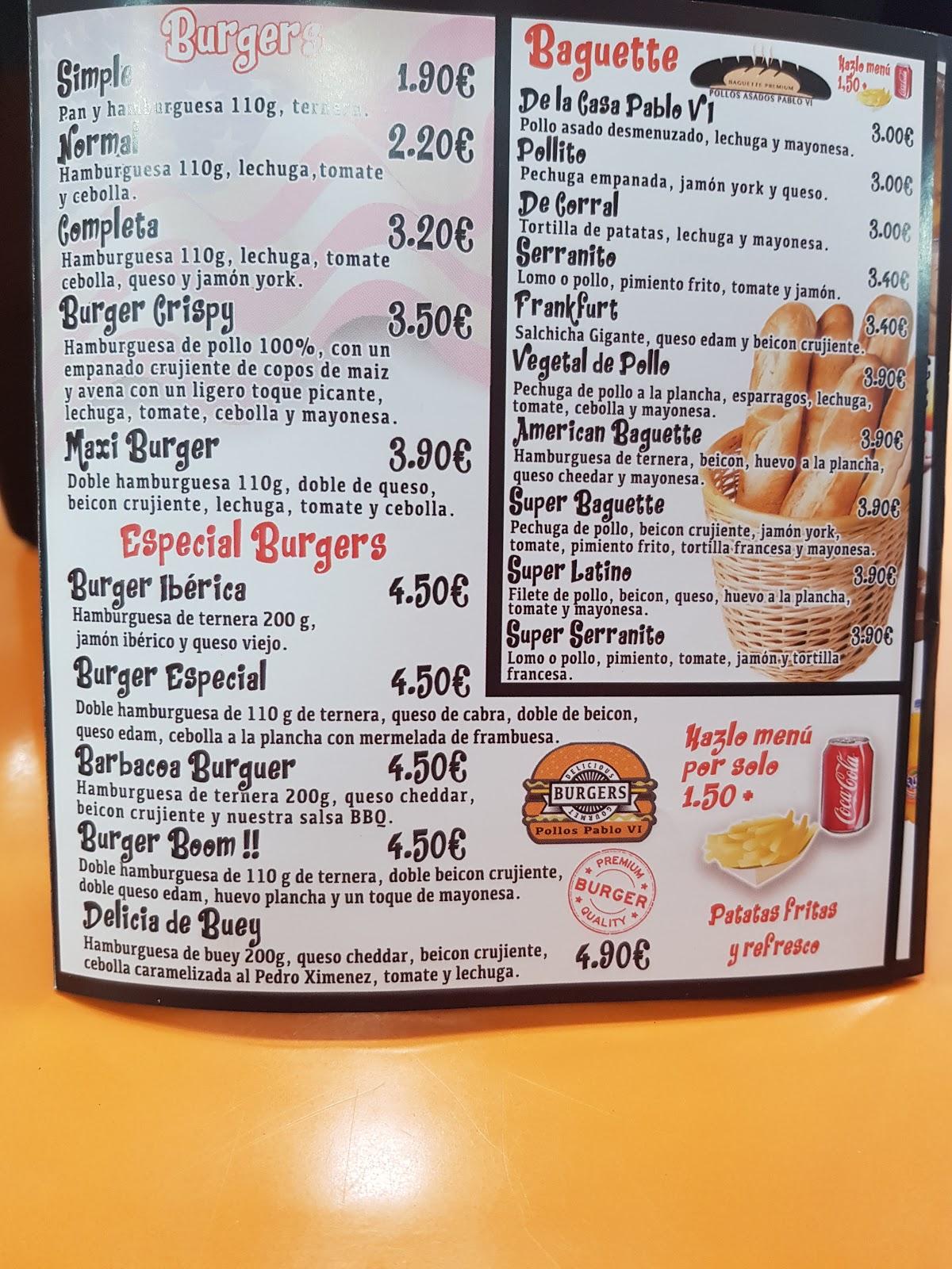 Carta del restaurante Pollos Pablo VI, Alcalá del Guadaíra, C. Escultor ...