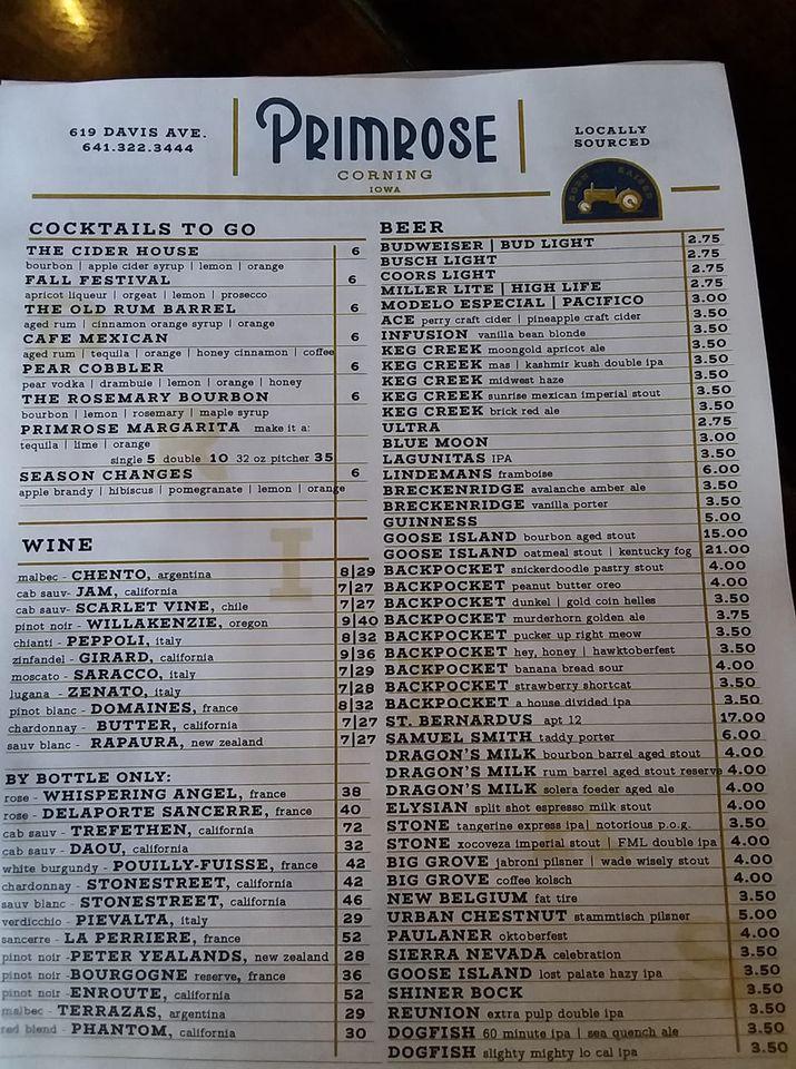 Menu at Primrose pub & bar, Corning