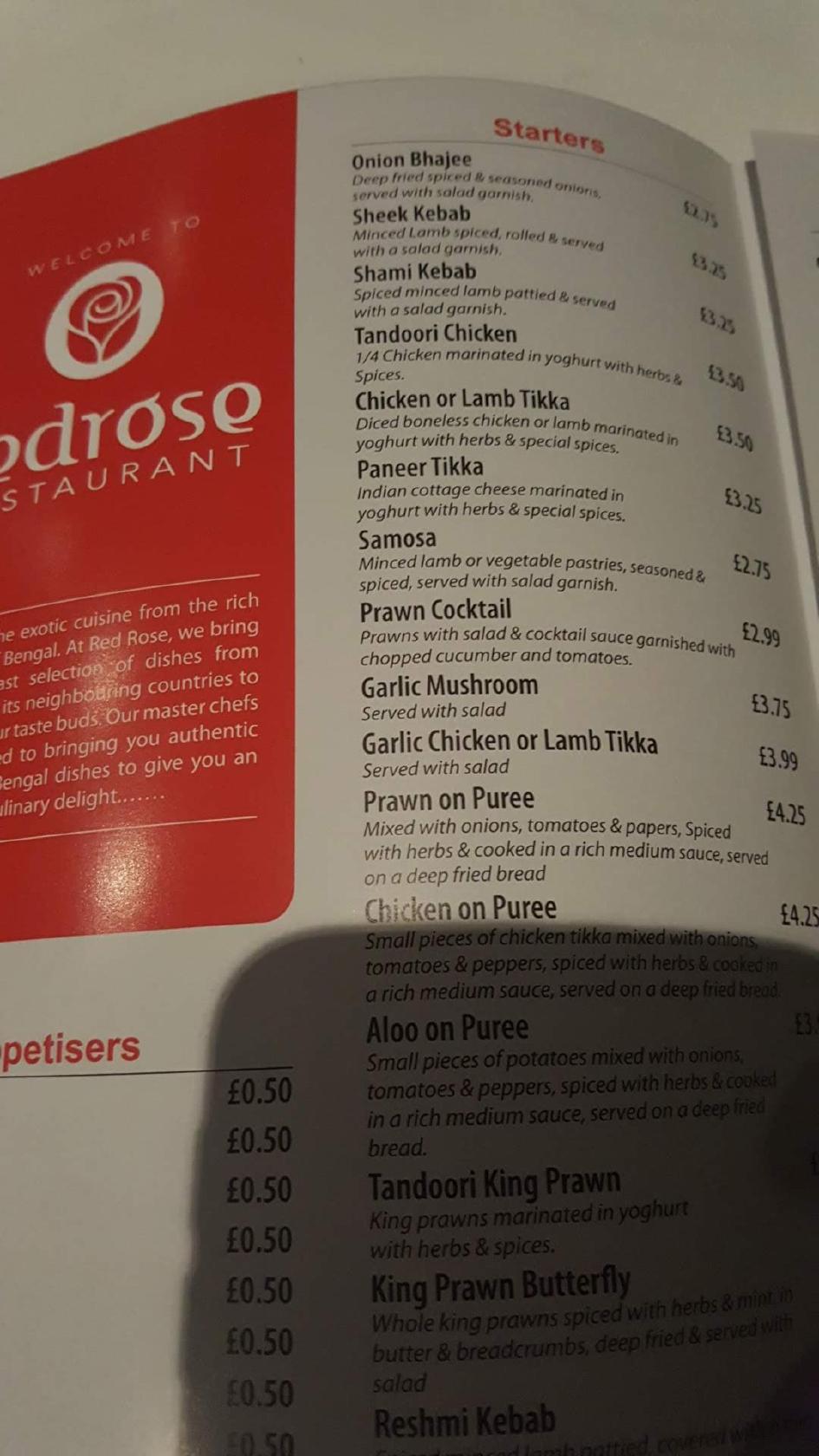 Menu at Red Rose restaurant, Oswestry