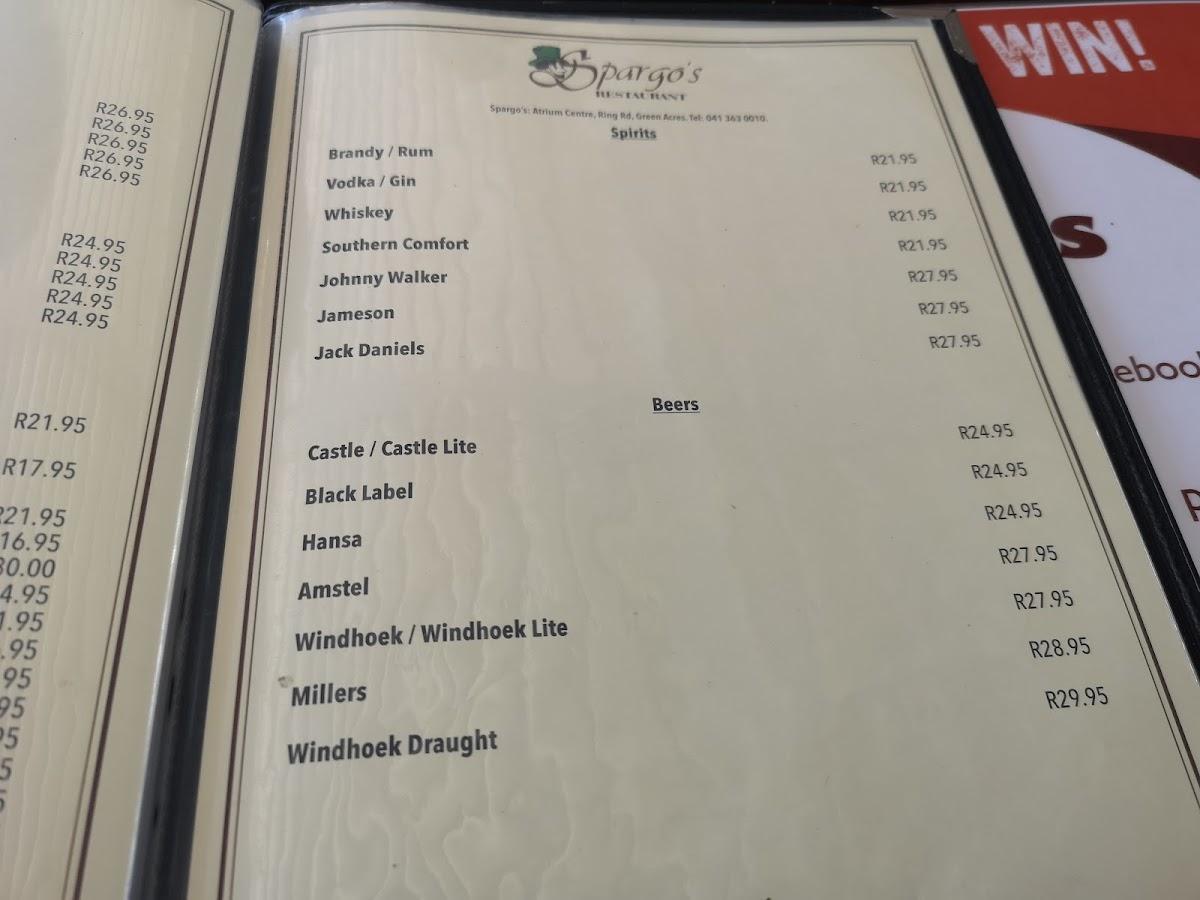 Menu at Spargo's restaurant, Port Elizabeth, Ring Rd