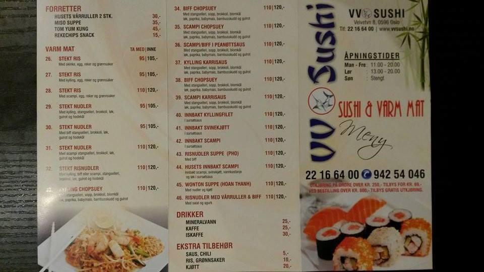 Menu at VV Sushi restaurant, Oslo