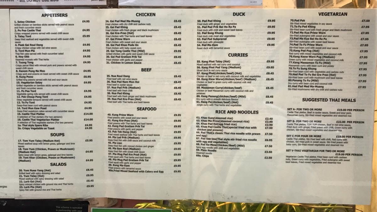 Menu at Castle Thai restaurant, Shrewsbury