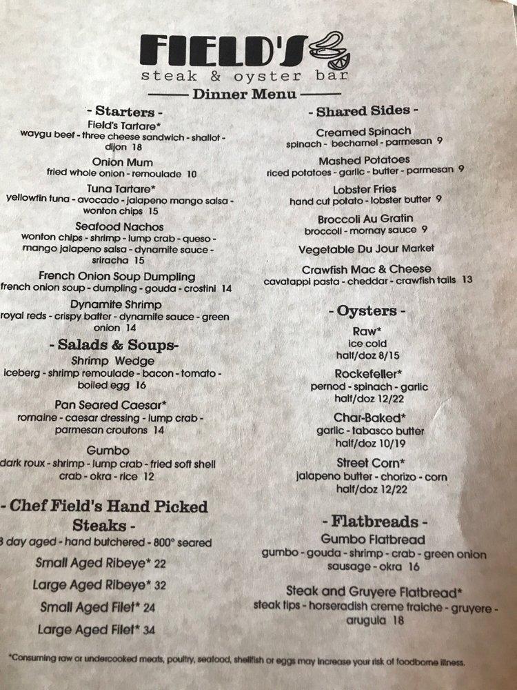 Menu at Field's Steak and Oyster Bar, Bay Saint Louis
