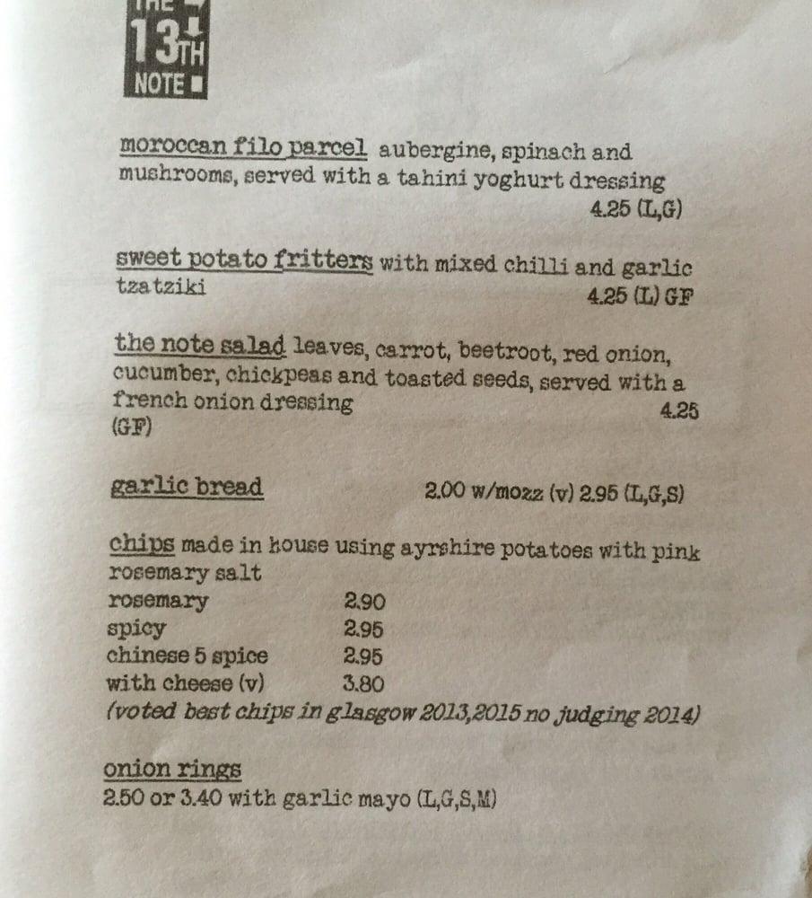 Menu at The 13th Note pub & bar, Glasgow