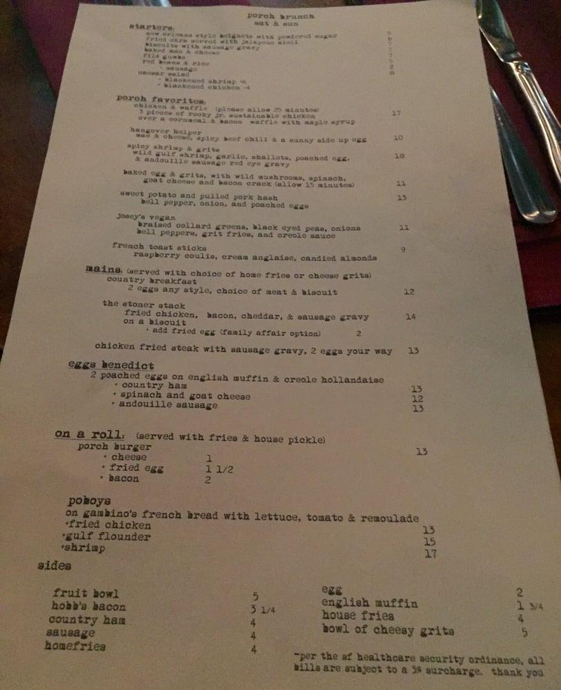 Menu at The Front Porch restaurant, San Francisco