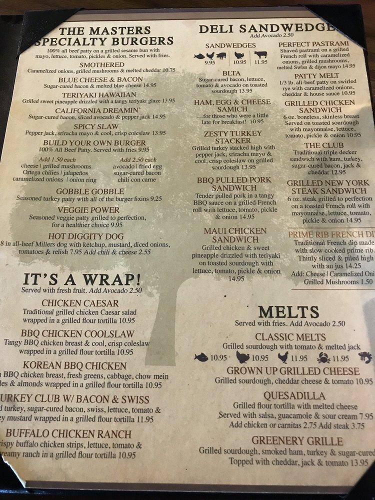 Menu at The Greenery Restaurant & Sports Bar, Walnut Creek
