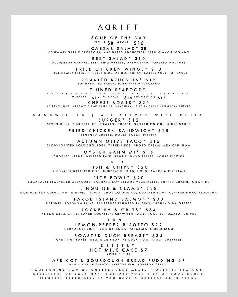 Menu at Adrift pub & bar, White Stone