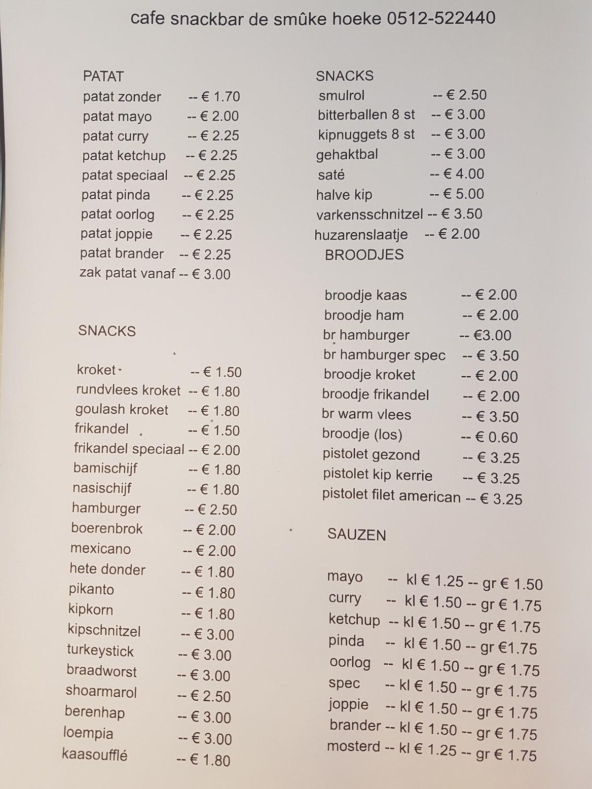 Menu at Café/snackbar De Smuke Hoeke, Opeinde