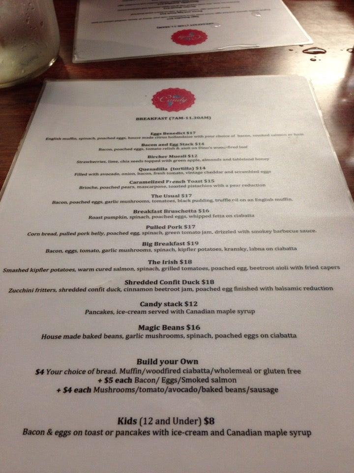 Menu at Candy Cafe Bar, Cairns