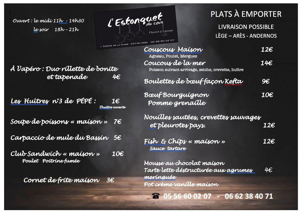 Menu at Chez Pepe Estanquet restaurant, Arès