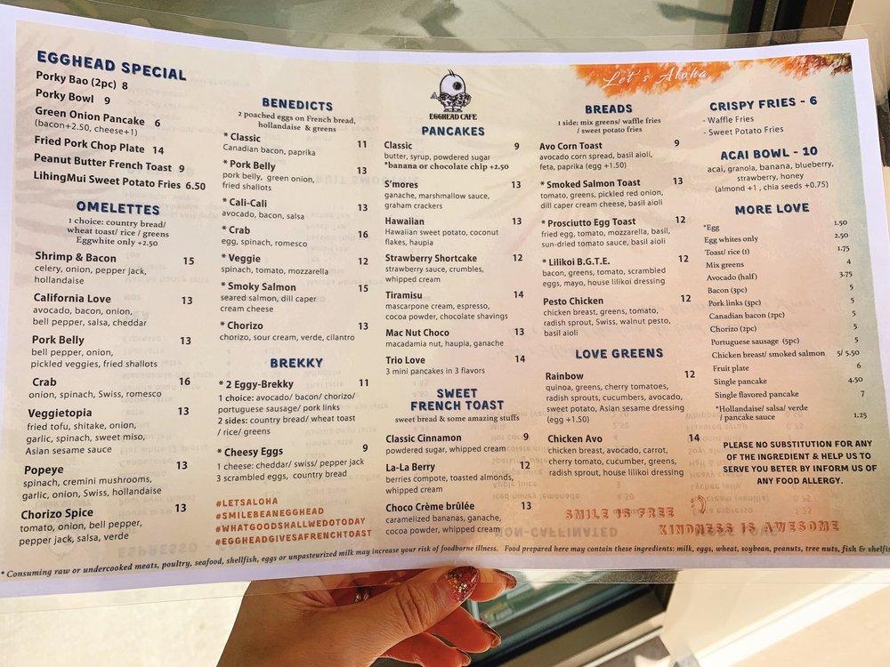 Menu at Egghead Cafe, Honolulu, Dillingham Blvd #8