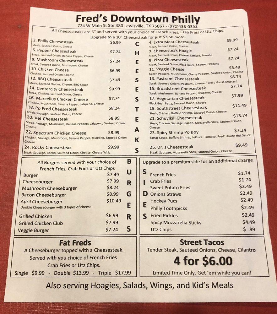 Menu at Fred’s Downtown Philly Cheesesteaks restaurant, Lewisville