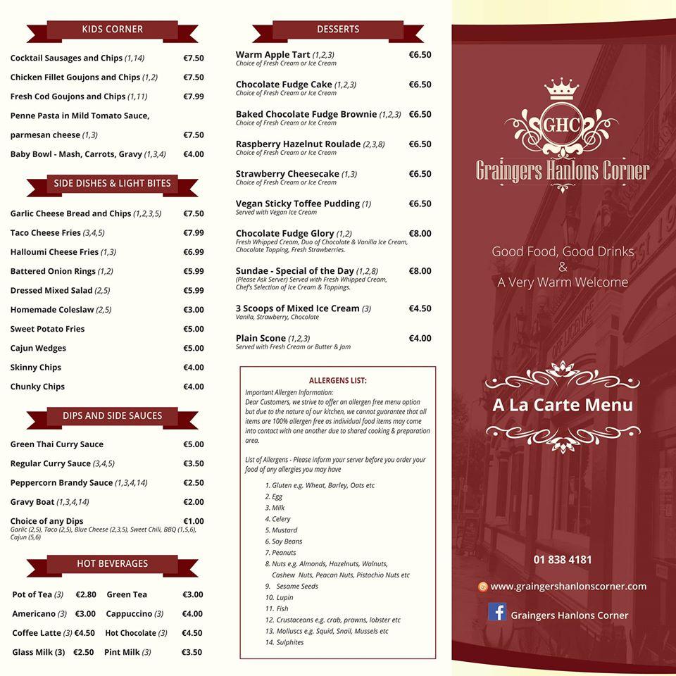 Menu at Grainger's Hanlon's Corner pub & bar, Dublin
