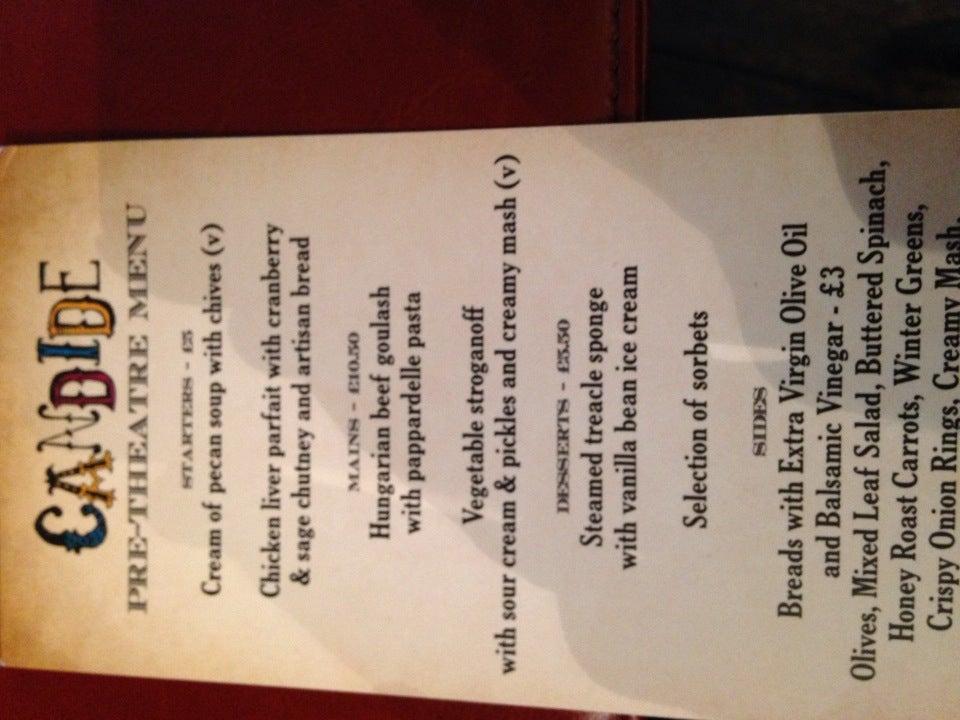 Menu at Menier Chocolate Factory restaurant, London