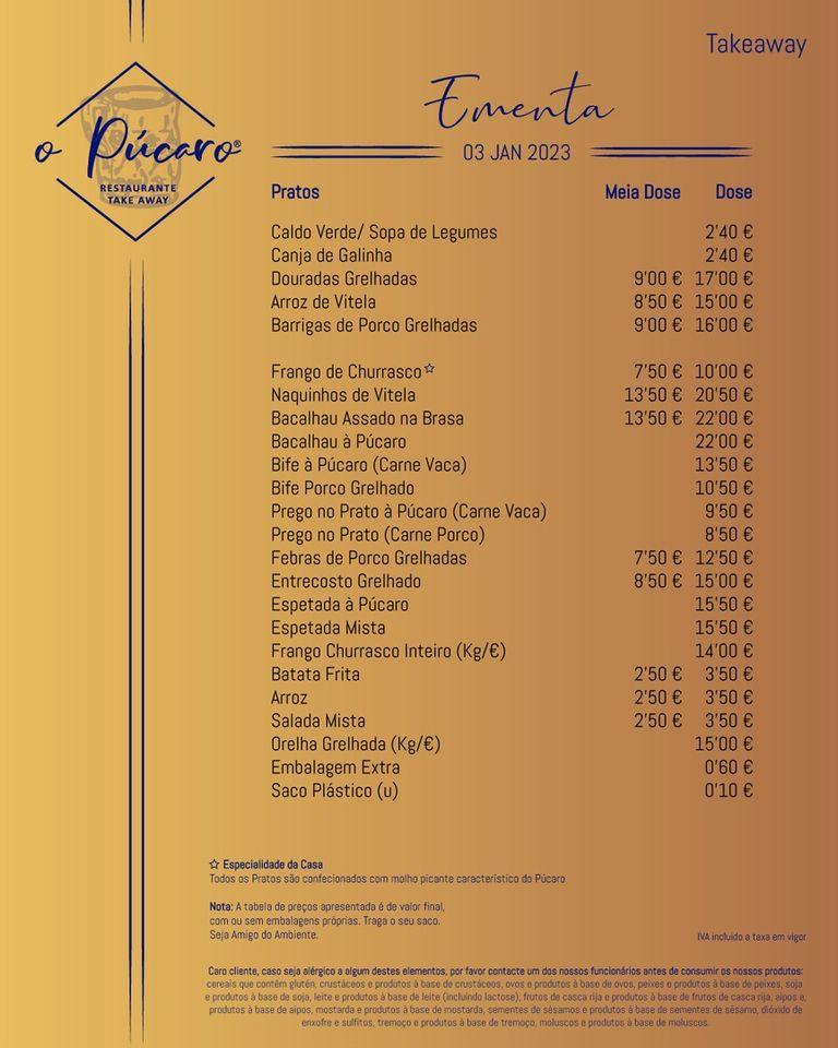 Menu em O Púcaro restaurante, Aveiro