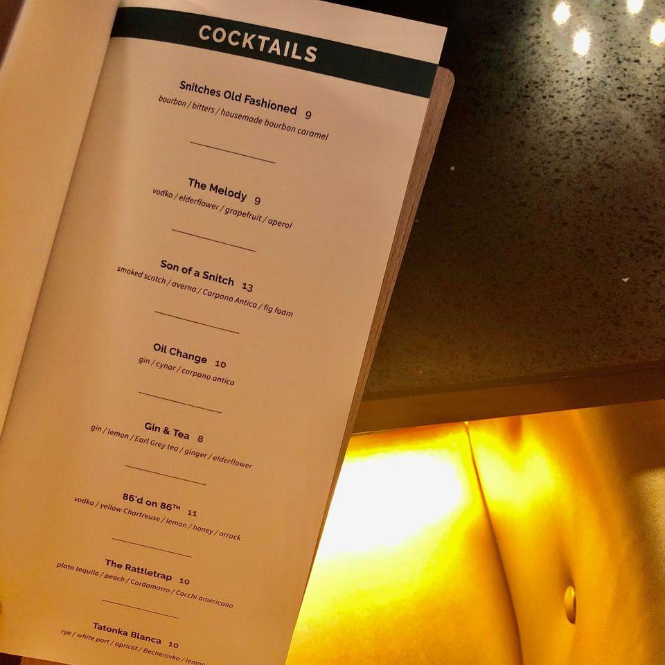 Menu at Snitches restaurant, Deadwood