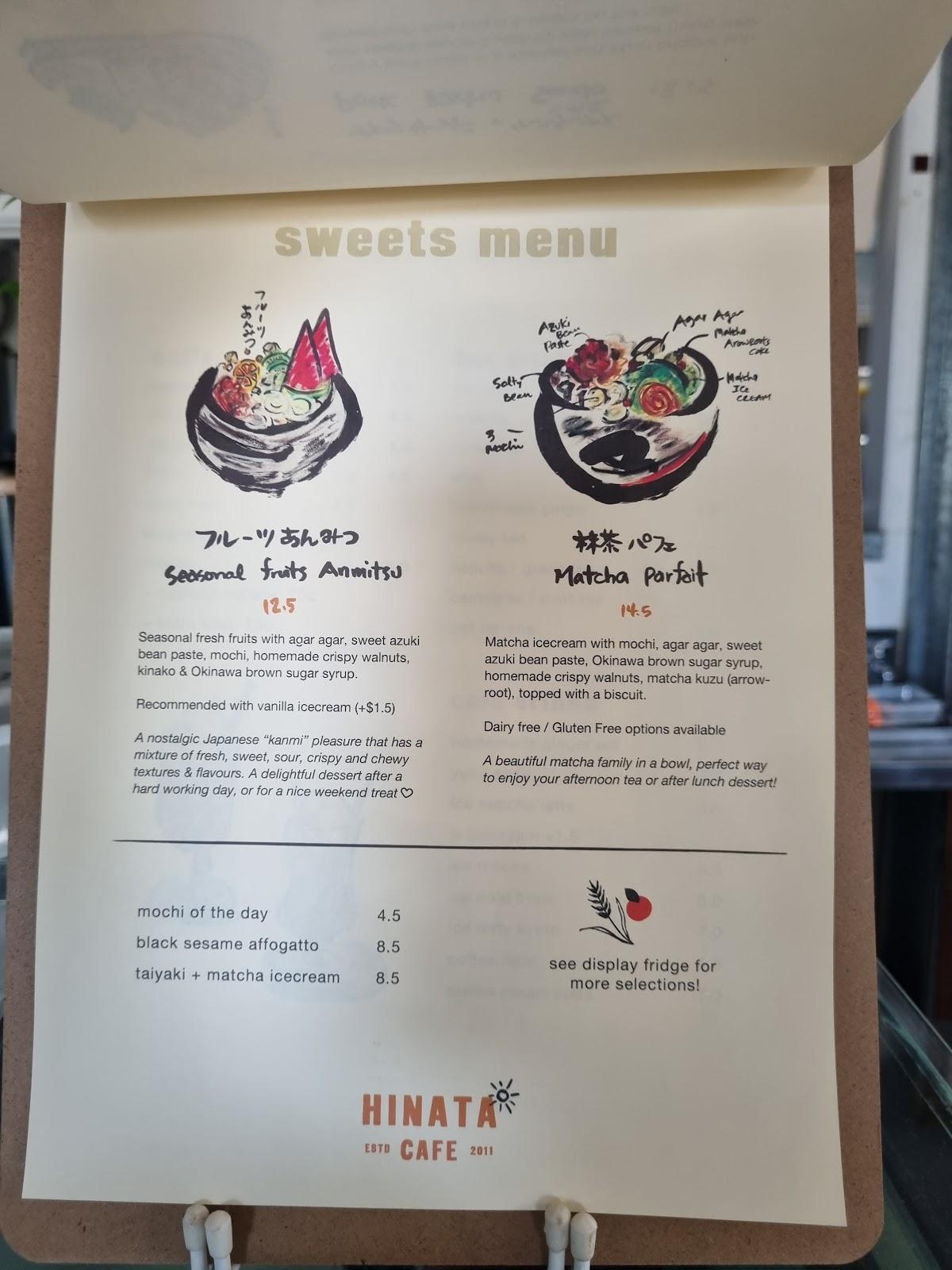 Menu at Hinata Cafe, Fremantle