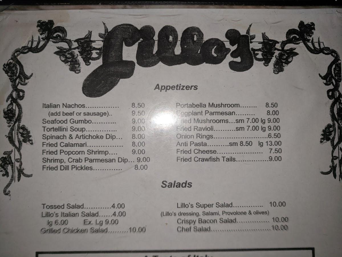 Menu at Lillos Restaurant, Leland, US-278