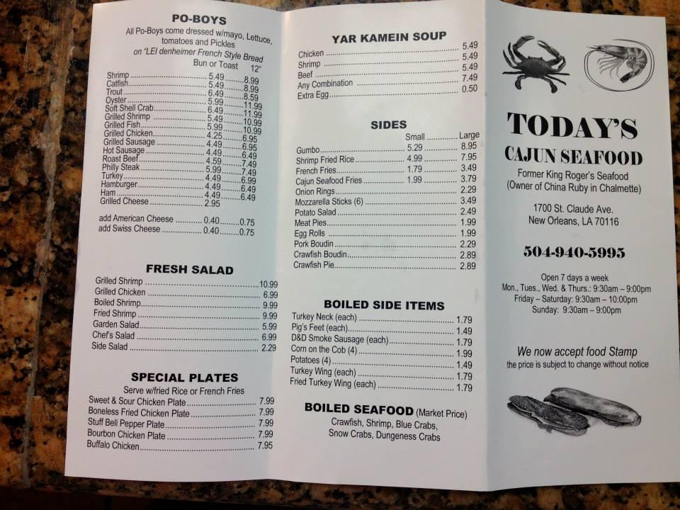 Menu at Today's Cajun Seafood restaurant, New Orleans