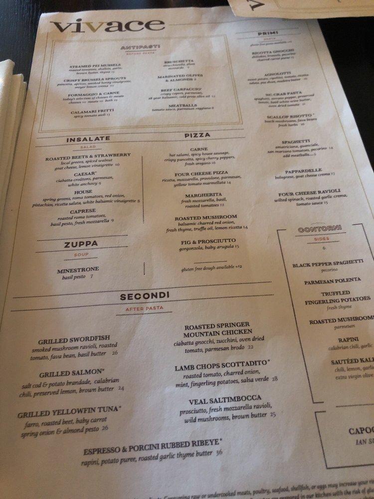 Menu at Vivace restaurant, Raleigh