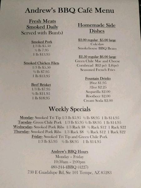 Menu at Andrew's BBQ express, Tempe, 730 E Guadalupe Rd #101