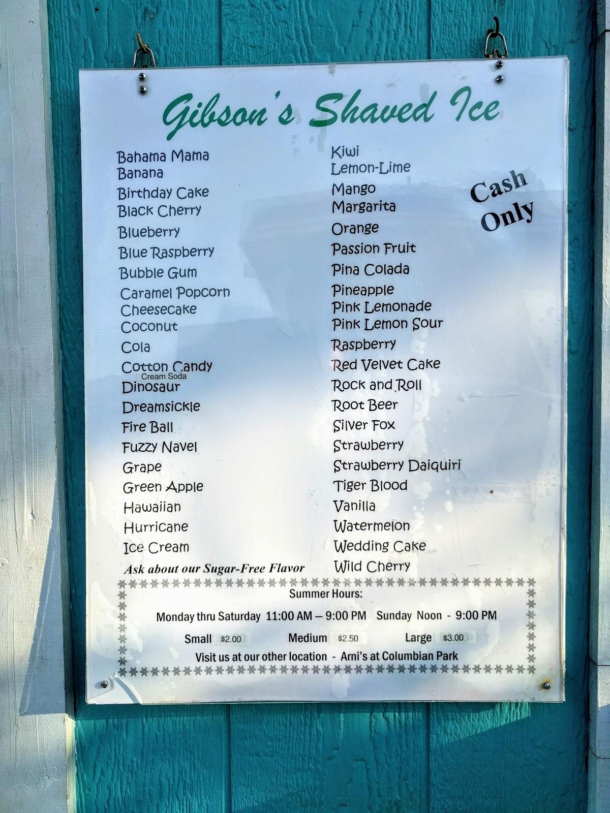 Menu at Gibson's Shaved Ice restaurant, West Lafayette