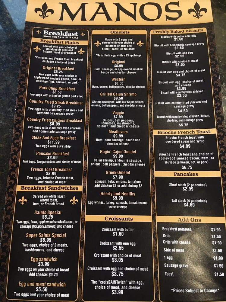 Menu at Mano's Po-Boys restaurant, Metairie