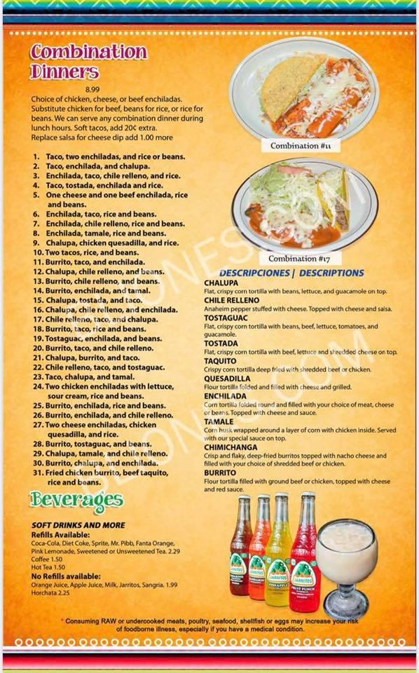 Menu at Mi Zarape restaurant, Saline