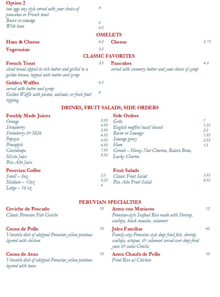 Menu at Pico Alto PHC Peruvian Restaurant, Indialantic