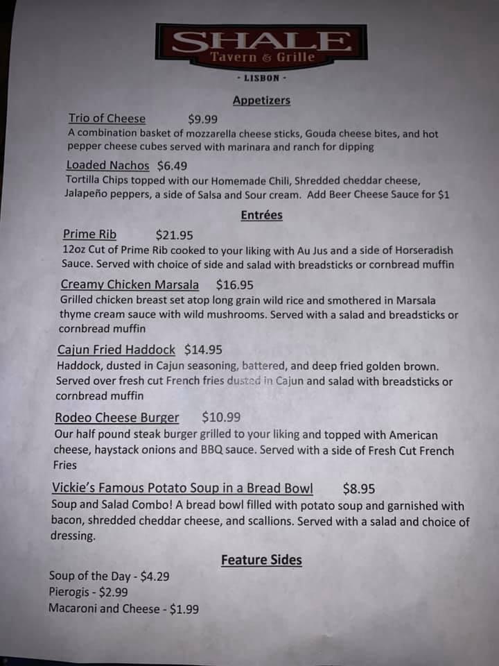 Menu at Shale Tavern & Grille restaurant, Lisbon