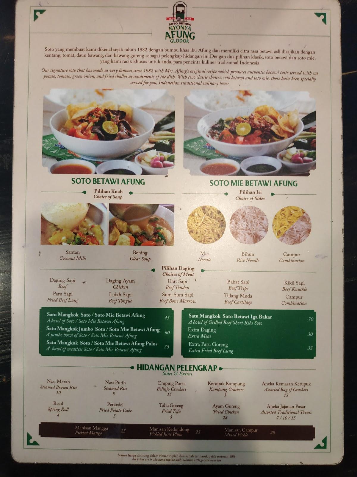 Menu at Soto Betawi Nyonya Afung Muara Karang restaurant, North Jakarta ...